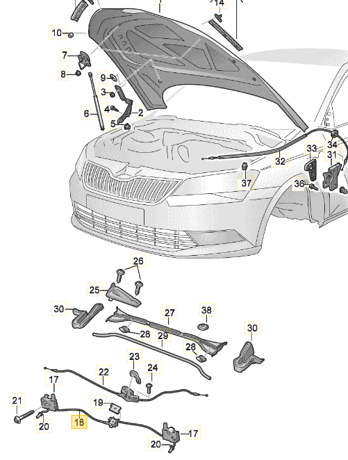 Cięgno zamka maski pokrywy silnika Skoda Superb 2015- Części ASO 3V0823531A